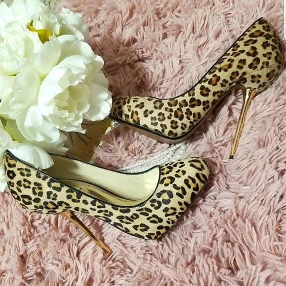 Wild Pair | Shoes | Leopard Print Leather Pony Hair Gold Stiletto Heels ...